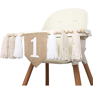 BOOMPA White 1st Birthday High Chair Banner - Wood Bead Tassel Garland - First Birthday Party Tassel Banner - Pure Angel 1st Birthday Photo Backdrop - Wall Hangings Decorative For Kids Bedroom Nursery