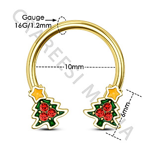 CM Crareesi Mania Christmas Tree Septum Ring 16G Septum Piercing Jewelry 316L Stainless Steel Gold Daith Piercing Jewelry 10mm Daith Earrings for Christmas