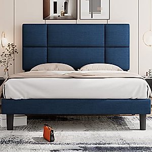 iPormis Full Size Platform Bed Frame, Upholstered Bed Frame with Square Stitched Adjustable Headboard, Wooden Slats Support, Nosie Free, No Box Spring Needed, Navy Blue
