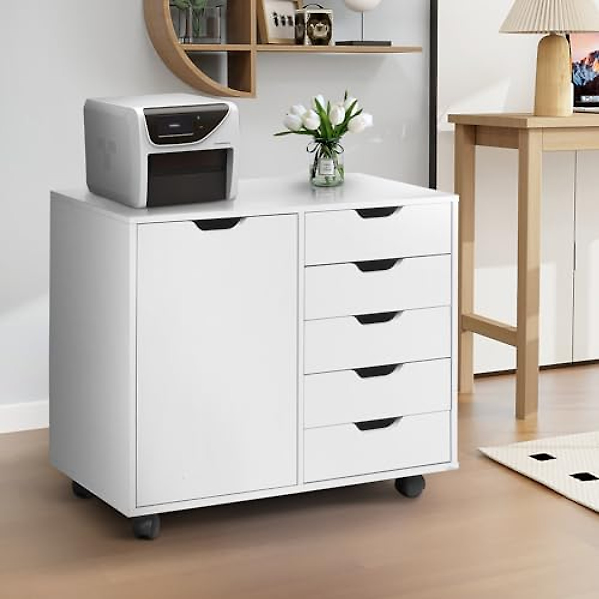 Rotihom 5 Drawer File Cabinet, Wood Mobile Lateral File Cabinet for Home Office Bedroom, 31 Inch Printer Stand with Storage on Wheels, Mobile Office Shelf with 2-Compartment Cabinet (White)