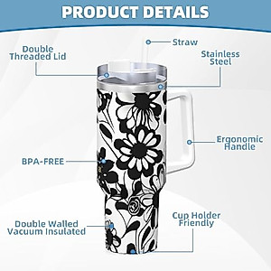 HULIBIN Black and White Flowers Print Double Deck Stainless Steel Travel Coffee Cup With Lid 40 Oz Ice Bully Cup