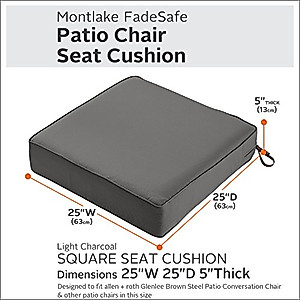 Classic Accessories Montlake FadeSafe Water-Resistant 25 x 25 x 5 Inch Square Outdoor Seat Cushion, Patio Furniture Chair Cushion, Light Charcoal Grey, Outdoor Cushion Cover