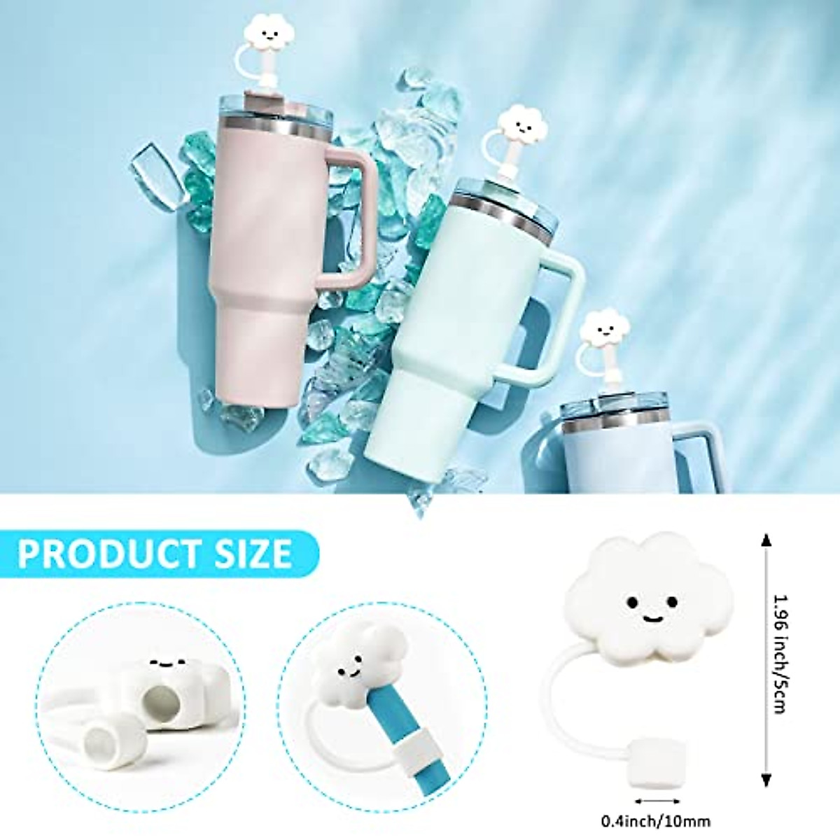 Bubbola Straw Covers Compatible with Stanley 40 OZ Tumbler Cups, Reusable Silicone Straw Tip Toppers for 0.4 inch/10mm Straws,Soft Protector Cover, 2Pcs Cloud