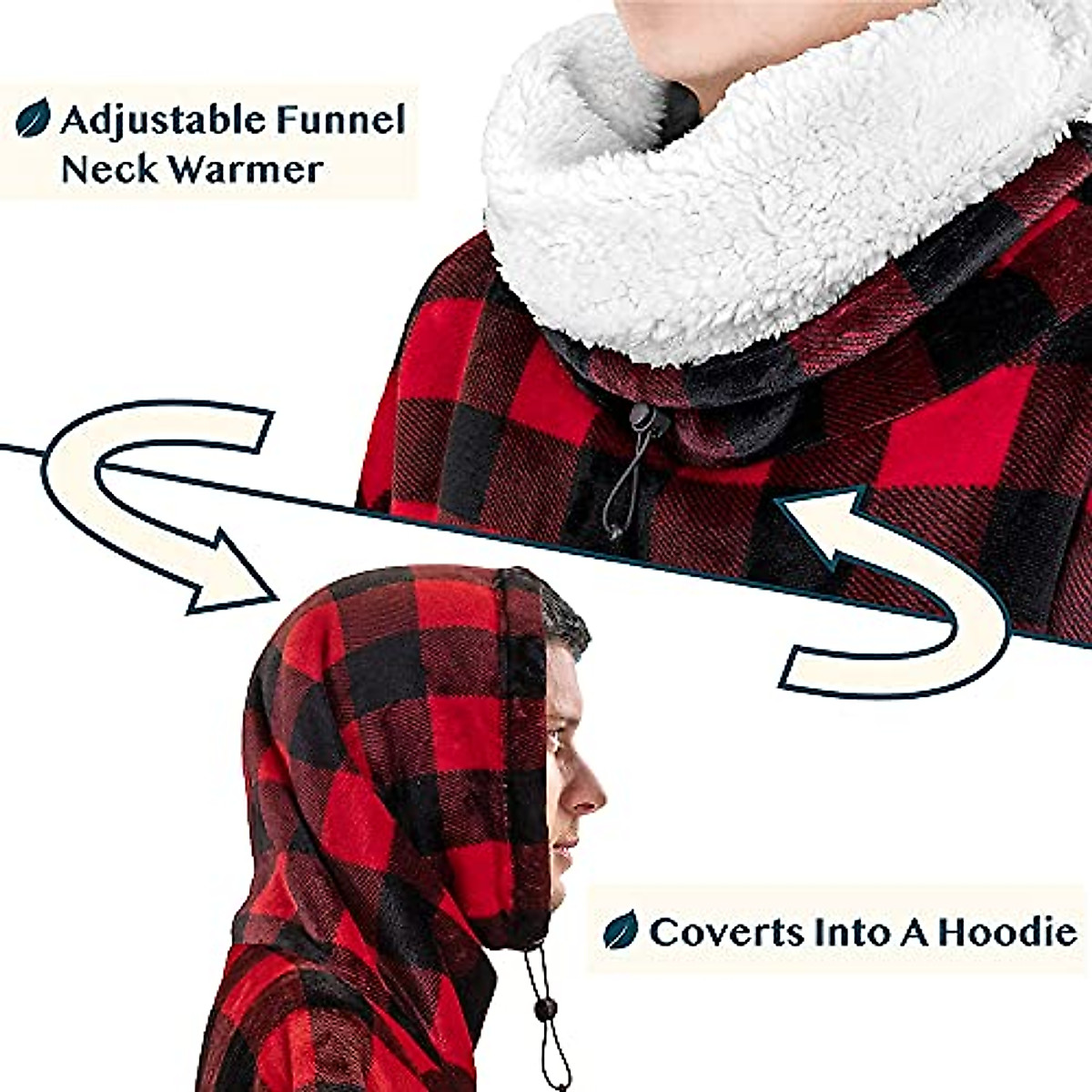 PAVILIA Wearable Blanket Poncho with Neck Warmer Hood, Plush Oversized Poncho Sweater, Large Blanket Cape Hoodie with Giant Pocket, Soft Cozy Gift for Women Men Adult (Sherpa Fleece, Checker Red)