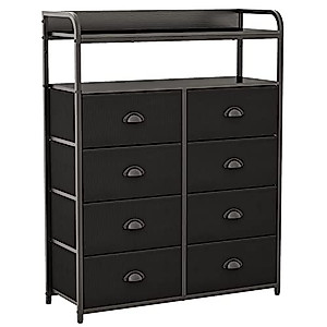 Furologee Black Vertical 4 Drawer Dresser Organizer with 3-Tiers Wood Shelf and Dresser 8 Drawers with Double Shelf Storage Organizer Unit for Bedroom/Living Room/Entryway