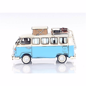 Old Modern Handicrafts Camp Bus Model with Rolling Wheels - 100% Handmade from Iron & Hand-Painted with Classic Blue & White Colors - 11.5L x 5.5W x 6H Inches