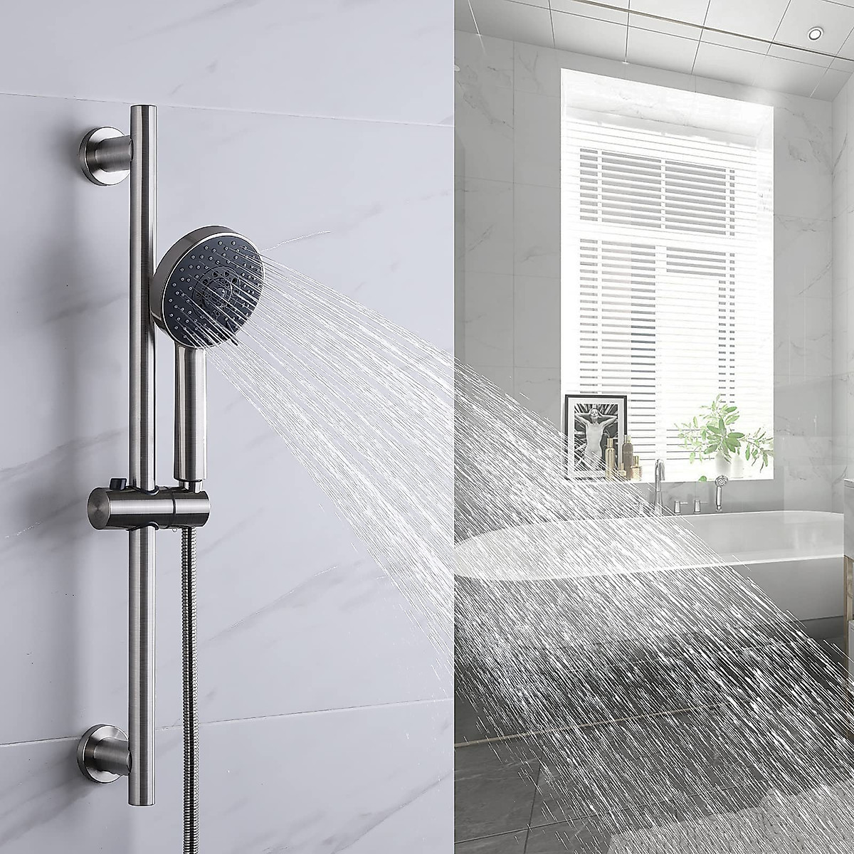 KES Shower Slide Bar Handheld Shower Head with Hose, 5-Function Hand Shower with Wall Mount Slide Bar Set Brushed Finish, F204-BS+KP501B-BN
