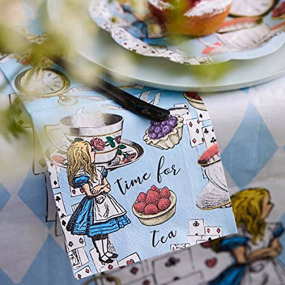 Talking Tables 20 x Blue Alice in Wonderland Cocktail Napkins Disposable Serviettes Mad Hatter Themed Party Supplies for Afternoon Tea Party, Onederland Birthday, Mother's Day, Baby Shower, Decoupage