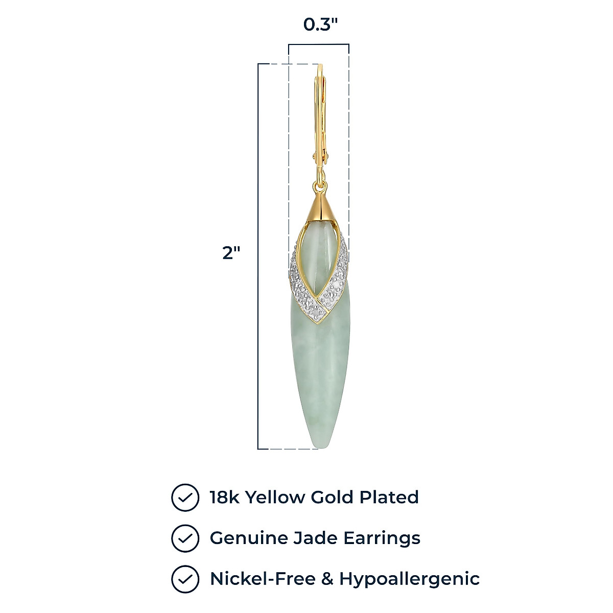 MORGAN & PAIGE 18K Yellow Gold Plated .925 Sterling Silver Genuine Green Jade and 1/20 Cttw Diamond Leaf-Shaped Leverback 2" Dangle Earrings (I-J Color, I2-I3 Clarity)