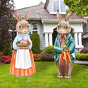 2 Pack Easter Yard Signs Vintage Bunnies Outdoor Lawn Decorations Easter Eggs Yard Signs with H Stands for Easter Party Spring Patio Lawn Supplies Lawn Garden Decor, 33 x 12.9 Inch