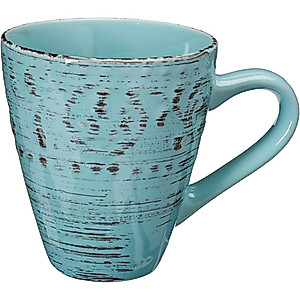 IHIPPO Round Dinnerware Sets Kitchen Utensils Set Embossed Stoneware Ocean Dinnerware Dish Set 16 Piece Turquoise Plates Stoneware Collection for Food Microwave and Dishwasher Safe Plates