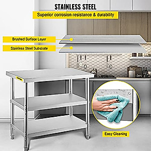 VEVOR Outdoor Food Prep Table, 36x18x34 inch Commercial Stainless Steel Table, 2 Adjustable Undershelf BBQ Prep Table, Heavy Duty Kitchen Work Table, for Garage, Home, Warehouse, and Kitchen Silver