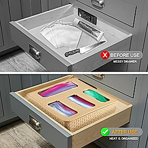 Large Ziplock Bag Organizer for Drawer, QENSPE Wall Mount Storage Organizer for Plastic Bags, Food Baggie Dispenser, Bamboo-like Grain, Made by Rigid ABS, Compatible with Most Brands Gallon, Quart Bag