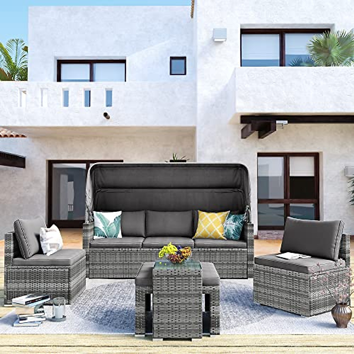 EMKK 5 Pieces Outdoor Patio Sofa Set Rattan Daybed,Sectional PE Wicker Conversation Furniture w/Canopy and Tempered Glass Side Table, C-Gray