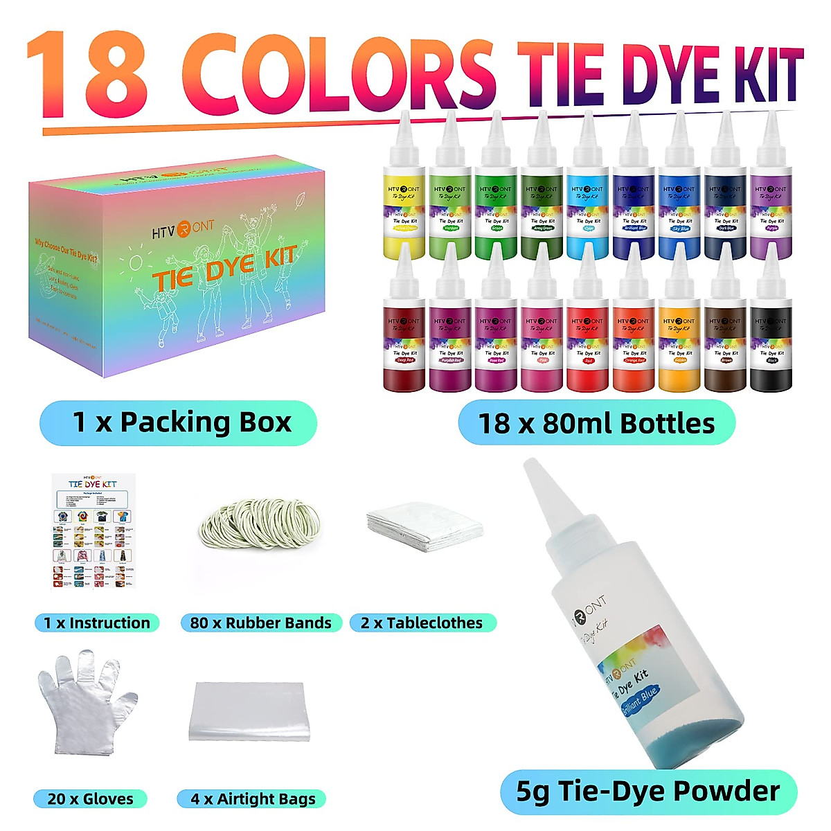 HTVRONT Tie Dye Kit for Kids and Adults - 18 Colors 80ML Pre-Filled Bottles Permanent Non-Toxic Tye Dye Kits for Clothing T-Shirt Fabric Textile Craft Party Handmade Project(Just Add Water)