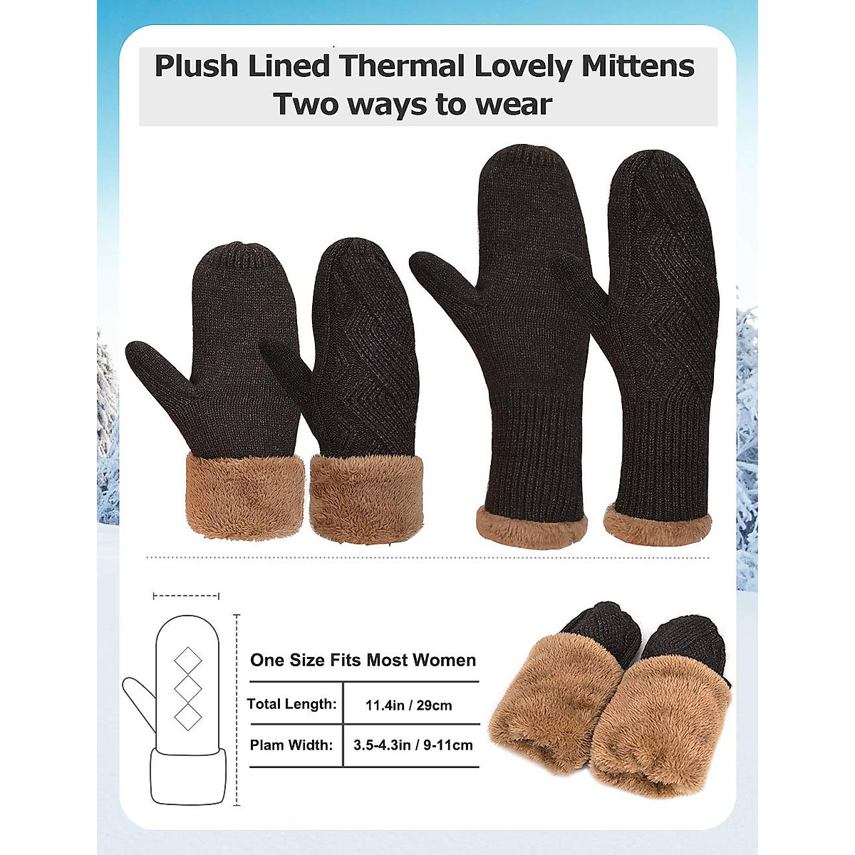 Thick Snow Hat-and-Mittens Set for-Women Black, Warm Faux Fur Pom Pom Beanie-with-Gloves Cute Pompom Ladies Winter Caps