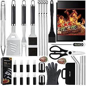 grilljoy 31PC Heavy Duty BBQ Grilling Accessories Grill Tools Set - Stainless Steel Grilling Kit with Storage Bag for Camping, Tailgating - Perfect Barbecue Utensil Gift for Men Women