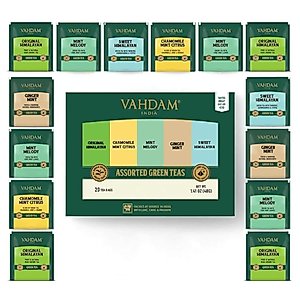 VAHDAM, Assorted Green Tea Sampler Gift Set (5 Flavors, 4 Tea Bags Each) Gluten Free Tea Variety Pack - Long Leaf Pyramid Green Tea Bags Variety Pack | Gifts For Him/Her | Gifts for Women & Men