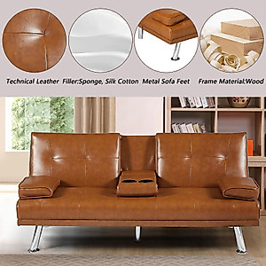 GERDIOEB Modern Convertible Folding Futon Sofa Bed with 2 Cup Holders, Leather Upholstered Adjustable Couch Loveseat Sofa Sleeper with Removable Armrests for Living Room Office Small Space (Tan)