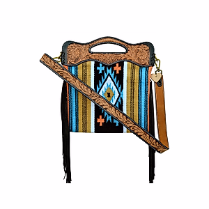 Affilare Saddle Blanket and Leather Crossbody Shoulder Bag with Fringes and Leather Hand Tooled Strap and Leather Hand tooled Panels 20AB010