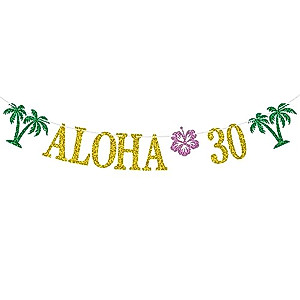 Hawaiian Aloha 30 Banner, Cheers to 30 Years Bunting Sign, Happy 30th Birthday Party Decorations Supplies, Hawaiian Tropical Luau Favors Sign Photo Booth Props, Gold Glitter