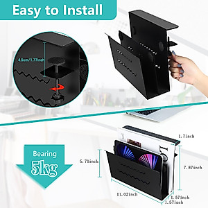 Everkeen Desk Side Storage, 2 Tier Hanging Desk Organizer, No Drill Under Desk Storage,Laptop Holder, Document Shelf, for Office or Home, Black