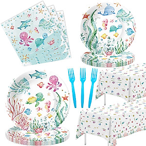 APOWBLS Under The Sea Party Decorations Dinnerware For Ocean Theme Birthday Baby Shower, Ocean Under The Sea Party Supplies, Plate, Napkin, Tablecloth, Underwater Sea Life Party Tableware, Serve 24