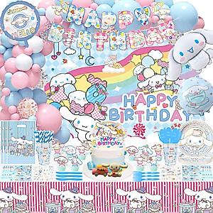 202PCS Cute Birthday Party Supplies, Kawaii Birthday Party Decorations include Banner, Latex Balloons, Backdrop, Cake Topper, Tableware, Plates, Napkins, Temporary Tattoos for Kids Birthday