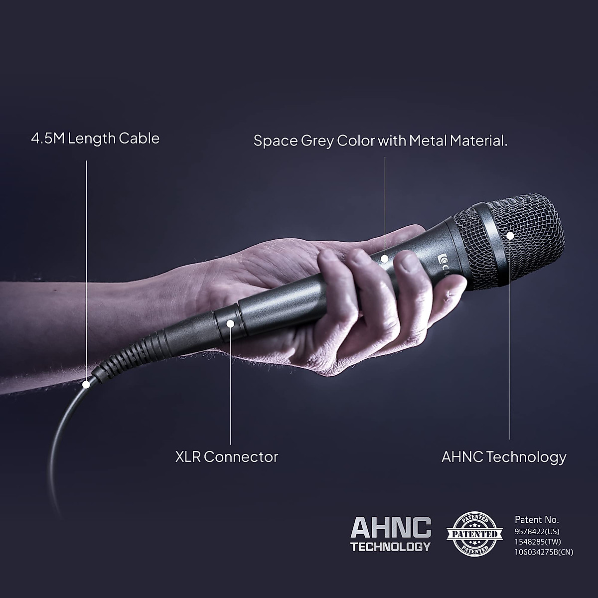 CAROL AC-910 Vocal Microphone - Cardioid Dynamic Microphone with AHNC Noise Cancellation, for Professional Live Stage Singing Performance, Includes Mic Clip and 14.8ft XLR Cable