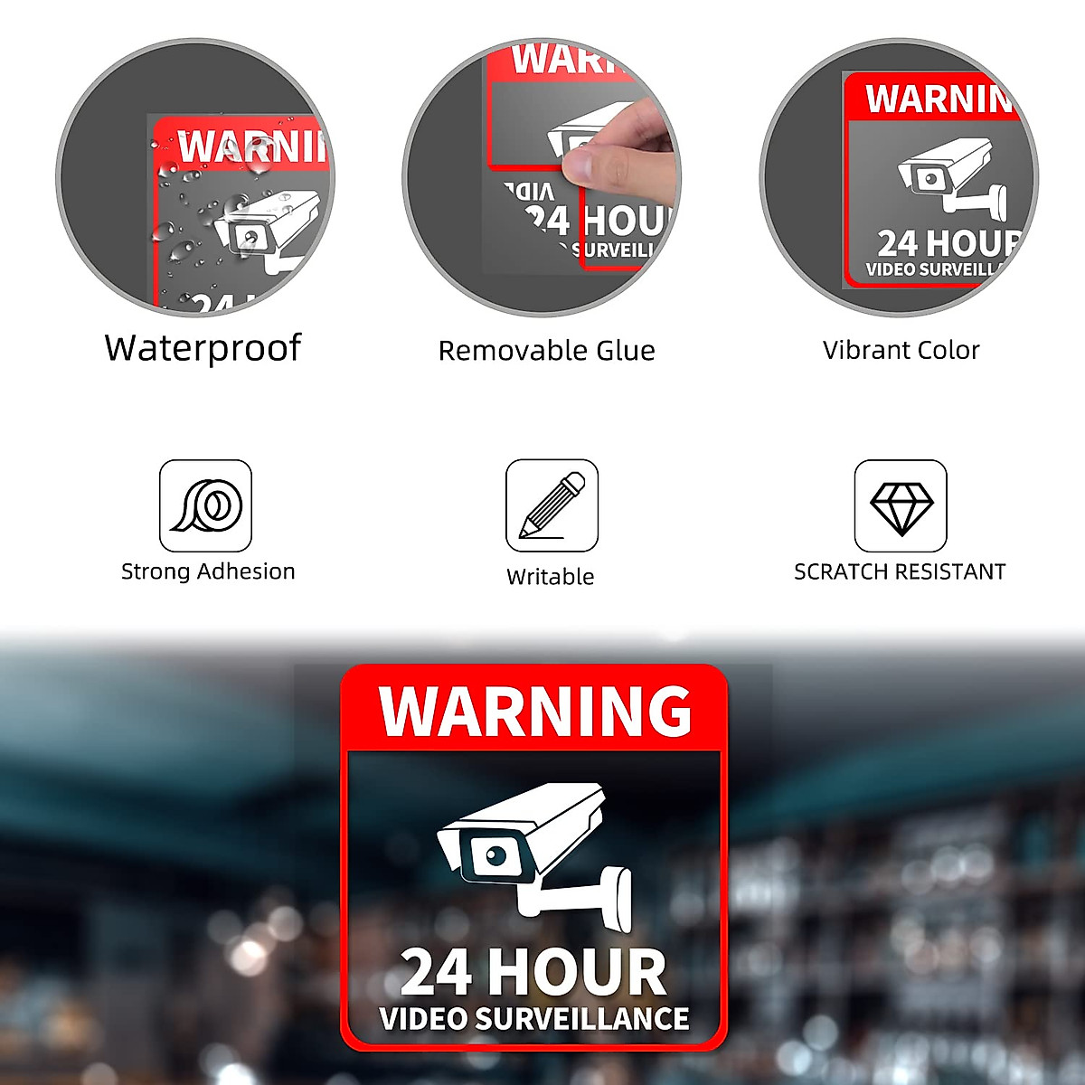 Video Surveillance Sticker Vinyl 6 x 6 Inch 24 Hour CCTV Camera Warning Security Decal for Window Door Business 5 Pack