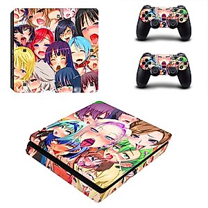 Vanknight PS4 Slim Console Controllers Skin Set Vinyl Decal Sticker for Playstation 4 Slim Console Anime Girls