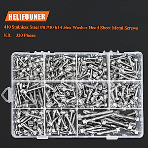 HELIFOUNER 320 Pieces #8#10#14 Hex Washer Head Self Drilling Sheet Metal Screws Assortment Kit, 410 Stainless Steel