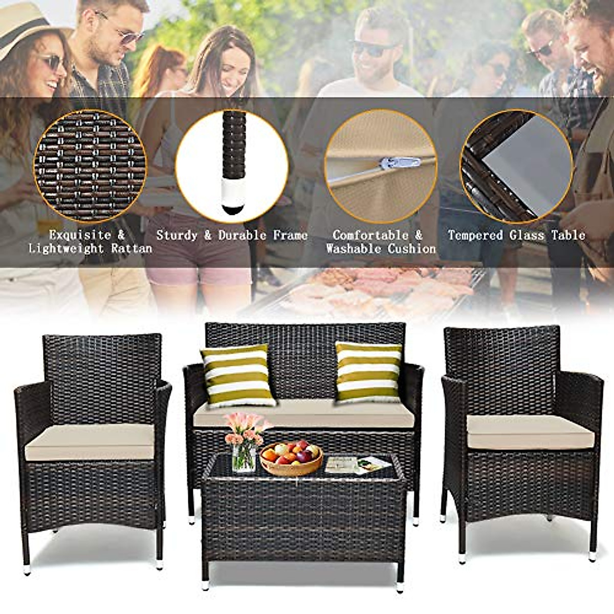 BestComfort 4 Piece Outdoor Patio Furniture Set Wicker Conversation Set, Sectional Sofa Rattan Wicker Chair, Glass Coffee Table for Backyard Porch Poolside Balcony Garden
