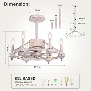 KINGTORO Rustic White Chandelier Ceiling Fans with Lights, 20.5" Wagon Wheel Chandelier,Adjustable Height,3 speeds,Fandelier with Lights and Remote for Kitchen Dining Room Living Room