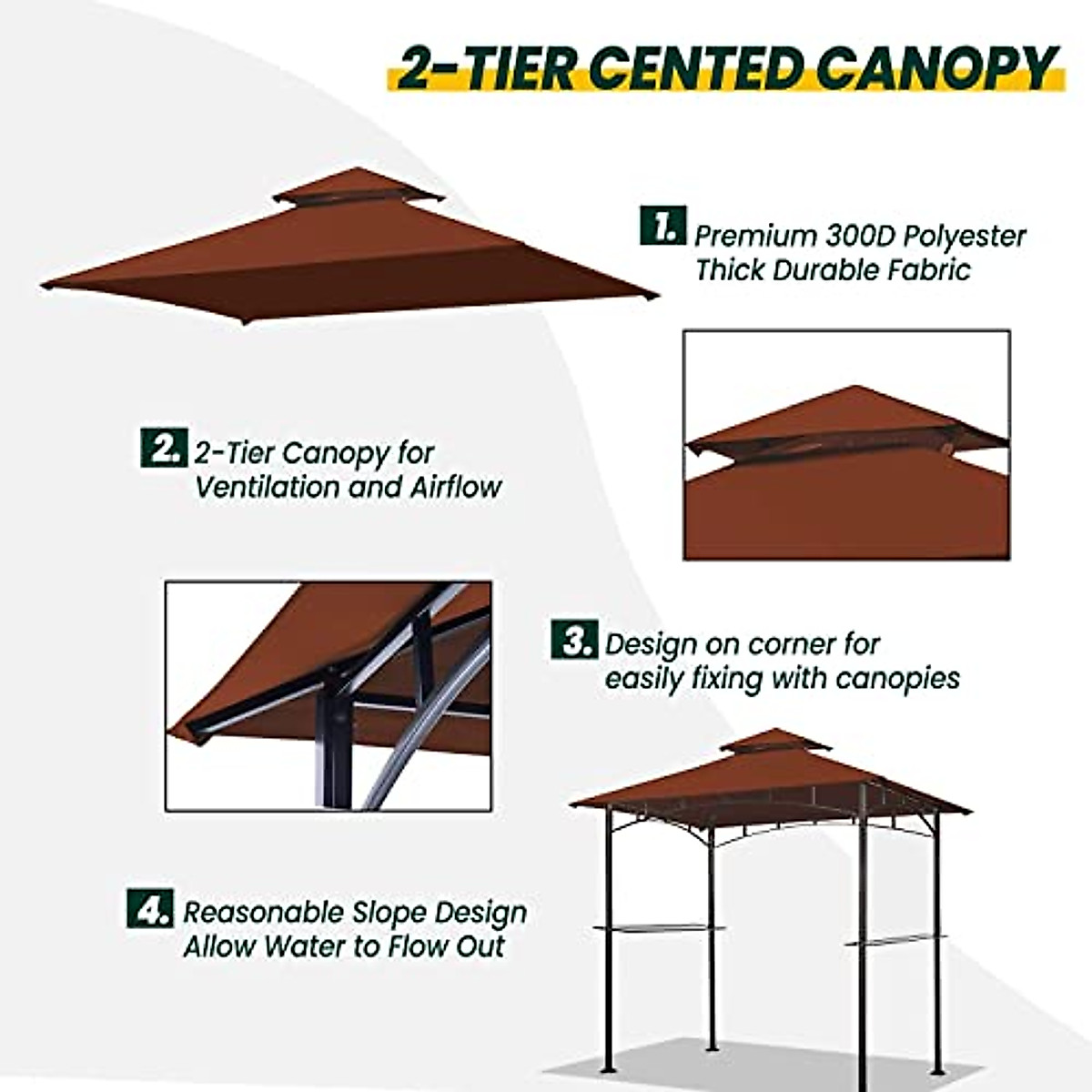 Grill Gazebo Replacement 5' x 8' Canopy Roof, Outdoor BBQ Gazebo Canopy Top Cover, Double Tired Grill Shelter Cover with Durable Polyester Fabric, Burgundy