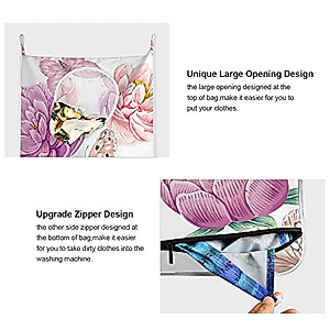 susiyo Blooming Flowers Peonies Butterflies Hanging Laundry Hamper Bag with Free Adjustable Stainless Steel Hooks 2PCs PVC Sticky Hooks Foldable Dirty Clothes Storage Saving Space for Bathroom Bedroo