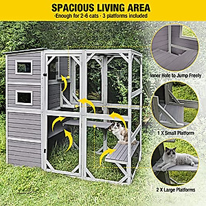 Aivituvin Large Cat Catio 4 Tiers Cat Enclosures House for Outdoor Indoor Cats with Weatherproof Roof, 3 Resting Rooms, 3 Platforms, 5 Windows 70" H 77" L