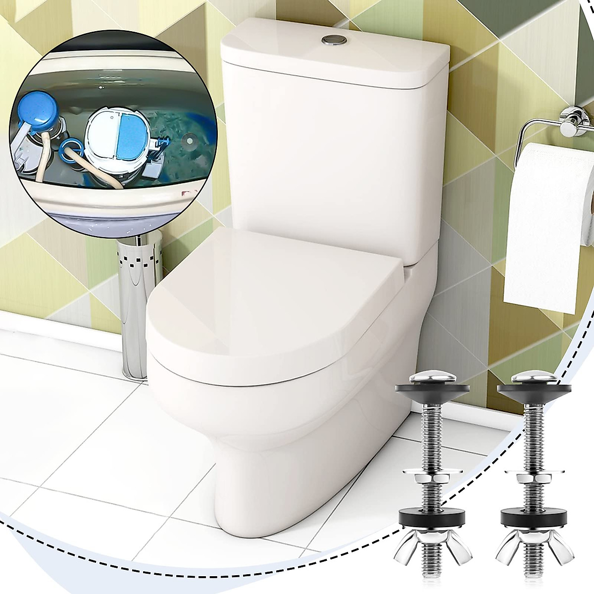 2PCS Universal Toilet Bolts Toilet Tank to Bowl Bolt Kits with Rubber Washers Toilet Tank Replacement Kit Butterfly Nuts Stainless Steel Toilet Seat Screws Extra Long Nut Screw for Fastening (Silver)