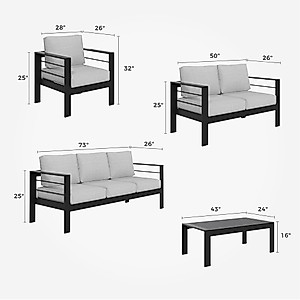 Solaste Aluminum Patio Furniture Set,5 Pieces Modern Outdoor Conversation Set Sectional Sofa with Upgrade Cushion and Coffee Table,Black Frame and Grey Cushion