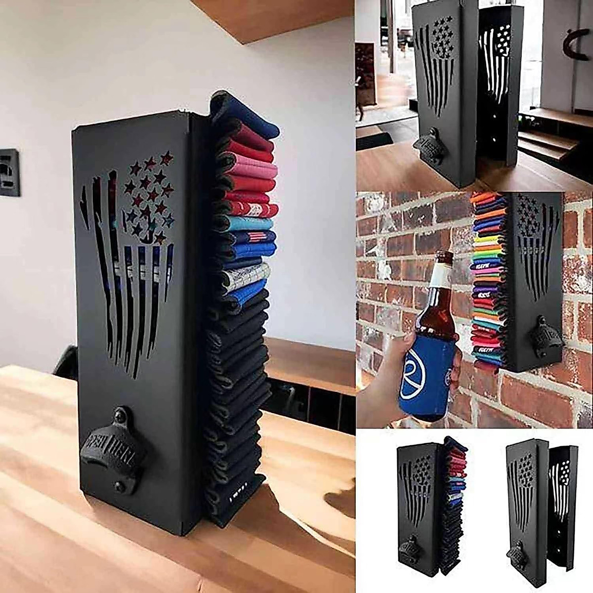 Oocpin 2024 Can Cooler Holder with Bottle Opener, Wall Mounted Can Cooler Holder, Ergonomic Magnetic Metal Can Cooler Dispenser, 2 in 1 Can Cooler Holder for Home Bars (Flag 16in), Black