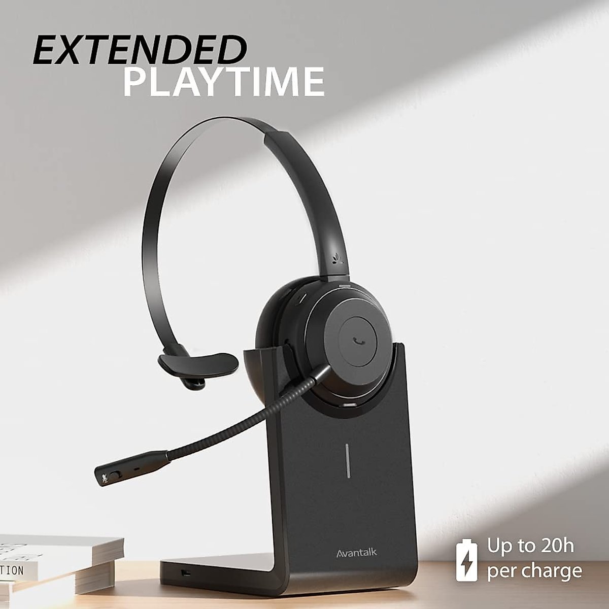 Avantalk Alto Solo - Wireless Headset with Mic for Work with Qualcomm Bluetooth Solution, CVC Noise-Canceling for PC, Computer & Laptop, Charging Stand, Mute Button, Wired Headphones Option
