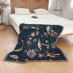 tiowik Mushroom Butterfly Flower Moon Throw Woven Blanket with Tassel for Home Decoration Chair Couch Sofa Bed Beach Travel Picnic Cloth Tapestry Shawl Cozy Cotton (Navy Blue 63×51 Inches)
