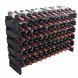 DisplayGifts Stackable Modular Wine Rack Storage Stand Pine Wood Display Shelves Wobble-Free 6 Rows 72 Bottle Capacity Black