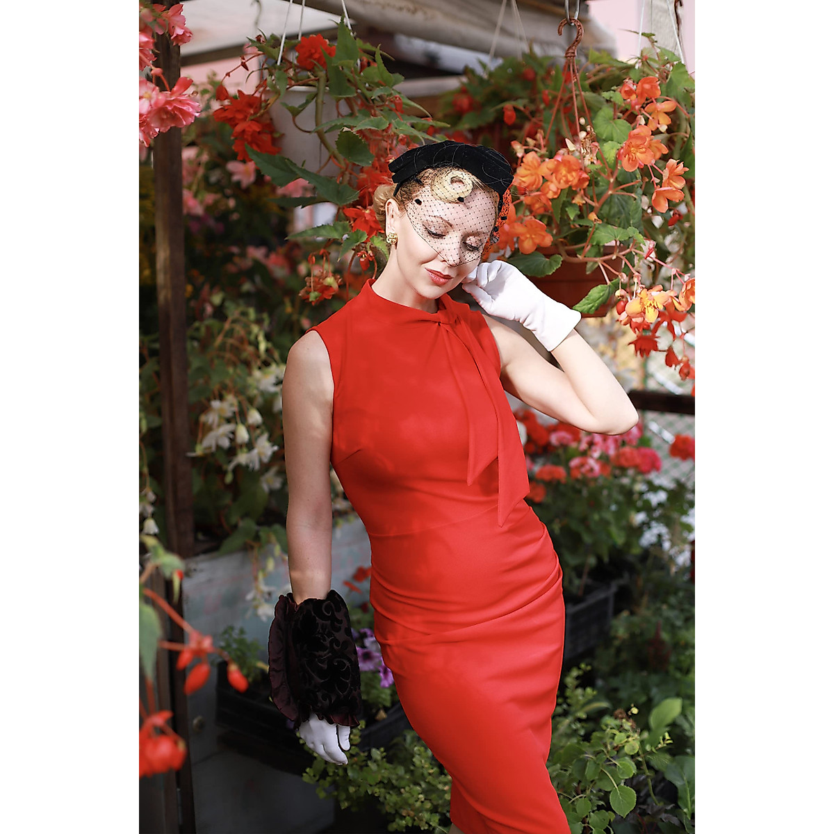 Miusol Women's Retro 1950s Style Half Collar Ruffle Cocktail Pencil Dress (Large,Red)