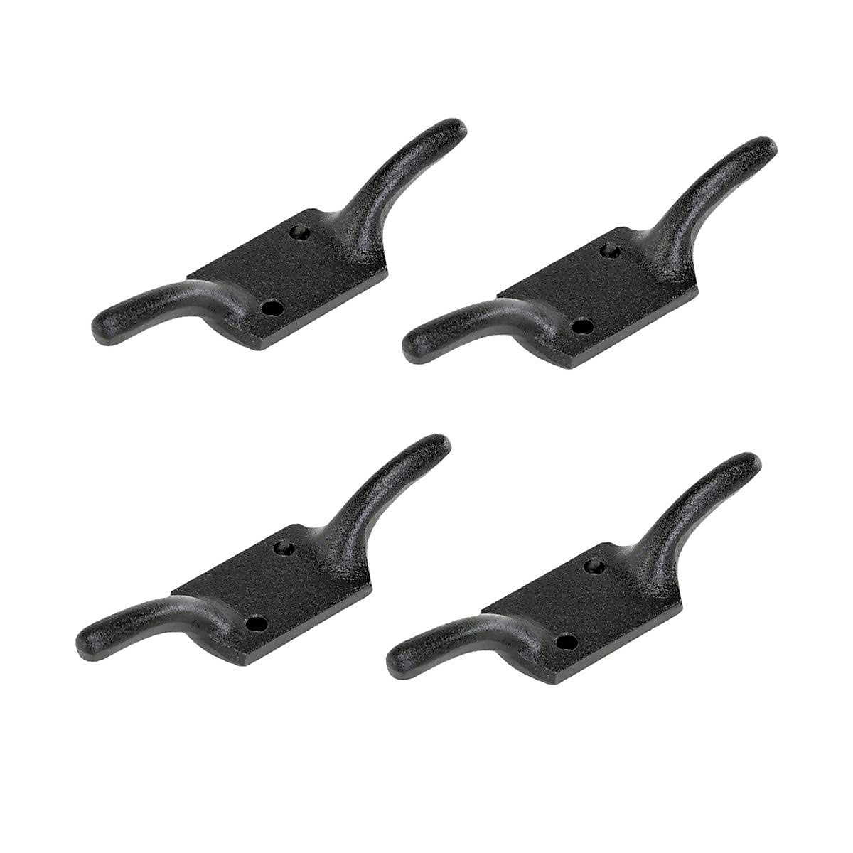 Renovators Supply Manufacturing Cleat Hooks 4 in. Black Wrought Iron Cord Rope Holder for Window Blinds or Flagpoles with Screws Pack of 4