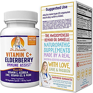 Best 7 in 1 Immune Support Booster Supplement with Elderberry Sambucus, Vitamin C, Zinc, Organic Elderberry - Dr. Danielle, 120 Capsules
