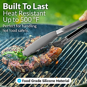 Zulay Kitchen Heat Resistant BBQ Kitchen Tongs Stainless Steel (9" & 12") - 2 Piece Non-Scratch Silicone Tip - Salad Tongs With Strong Grip for Grabbing Food - Easy Pull Lock - Silver/Gray