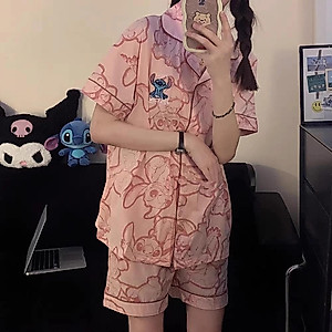 kwaya Women's Cotton Pajamas - 3Pcs Sets, Cute Cartoon Print Sleepwear - Soft Button Up Short Sleeve Shirt with Casual Long Pants & Short Lounge Sets Pink