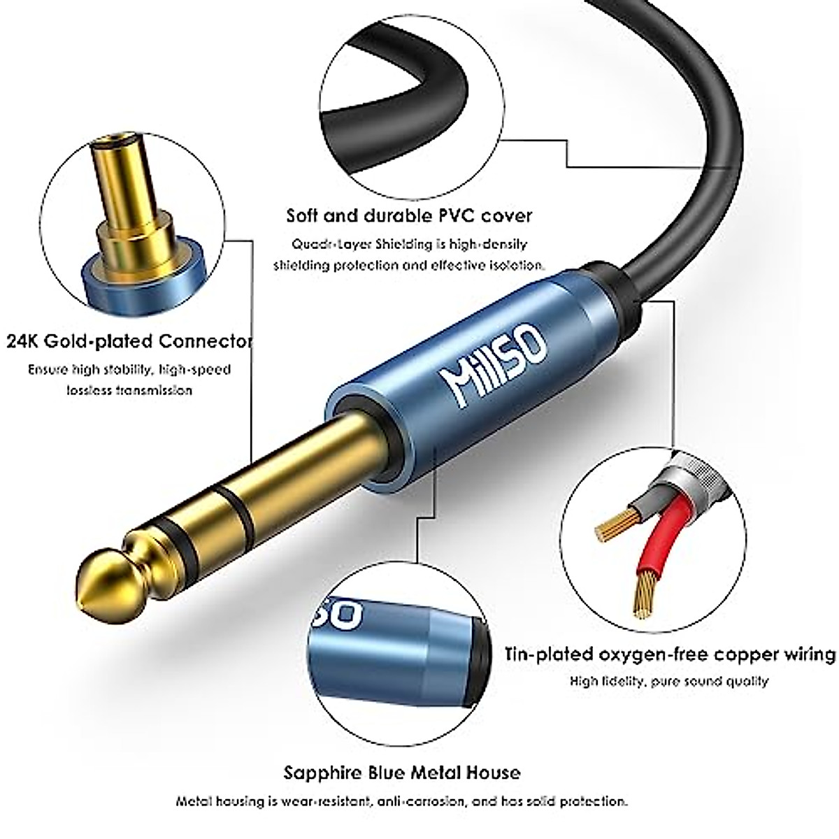 MillSO 1/4 to 3.5mm Headphone Adapter TRS 6.35mm 1/4 Male to 3.5mm 1/8 Female Stereo Jack Audio Adapter for Amplifiers, Guitar, Keyboard Piano, Home Theater, Mixing Console, Headphones - 12inch/30CM