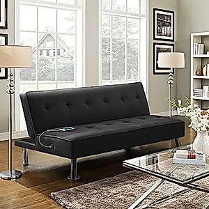 Yaheetech Modern Convertible Futon Sofa Bed w/ 2 Integrated USB Charging Ports Fabric Loveseat Couch Metal Legs, 3 Angles Adjustable Back for Compact Living Space, Apartment, Dorm, Bonus Room Black